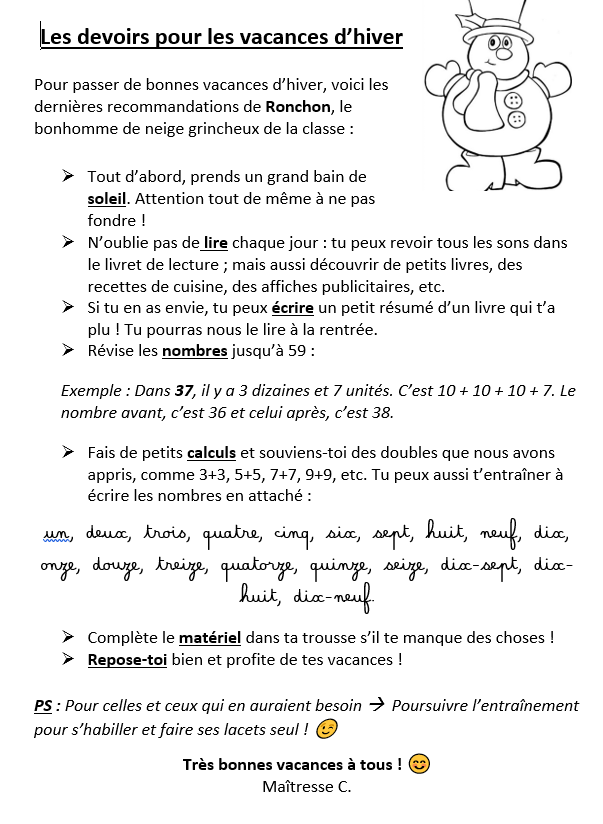 Devoirs des vacances d’hiver – CP – Chat d'école