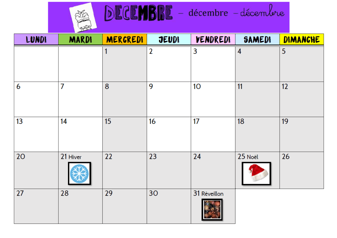 Calendrier de la classe 2021 – 2022 – Chat d'école