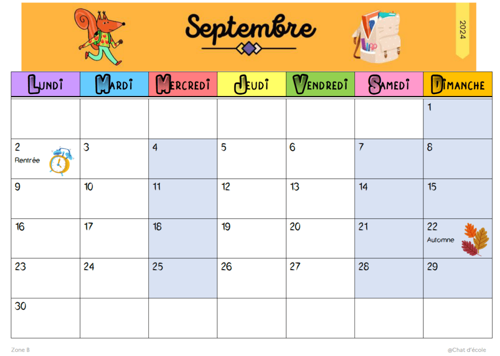 Calendrier de la classe 2024 – 2025 – Chat d'école